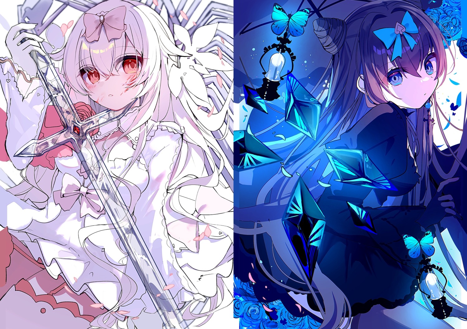 clover 39 arcaea hikari (arcaea) tairitsu (arcaea) blood dress stockings sword thighhighs ...